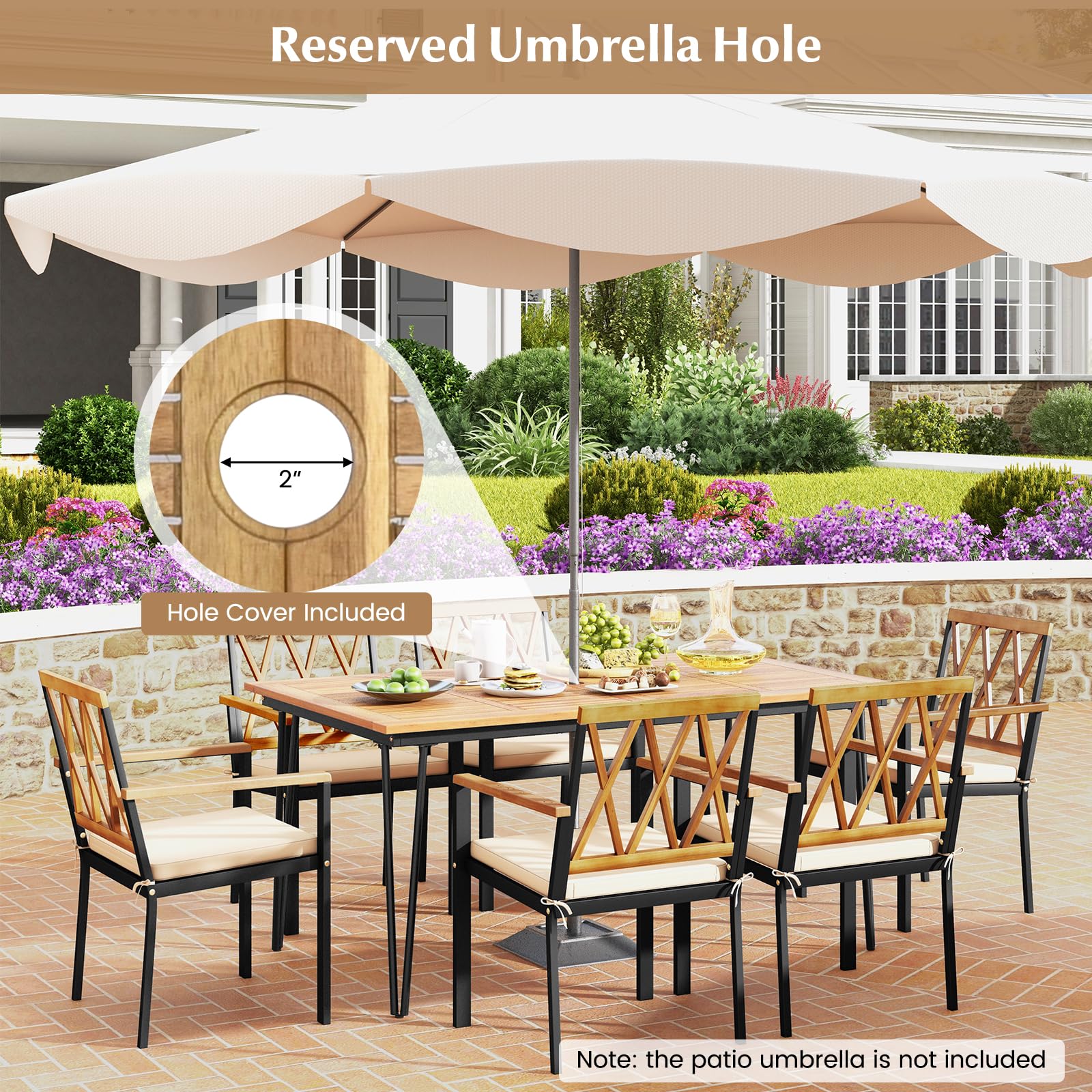 Tangkula 7-Piece Patio Dining Set, Acacia Wood Outdoor Furniture Set with 2β Umbrella Hole and Seat Cushions, Rectangular Dining Table and 6 Chairs Set for Patio Garden Poolside Backyard