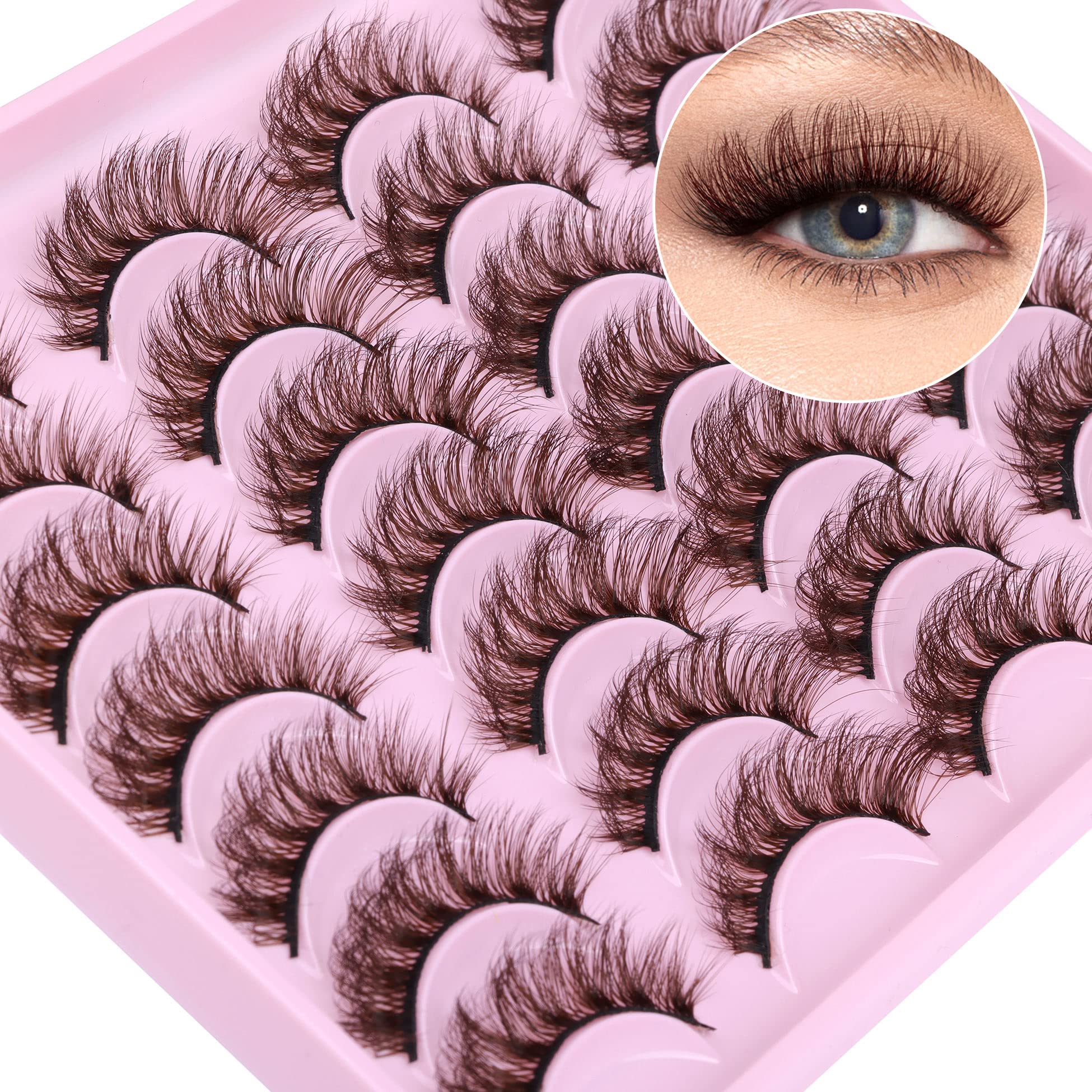 Newcally Brown Natural Lashes Wispy False Eyelashes 3D Colored Eyelashes Fluffy Cat Eye Lashes Mink Faux Curl Fake Lashes 14 Pairs Pack