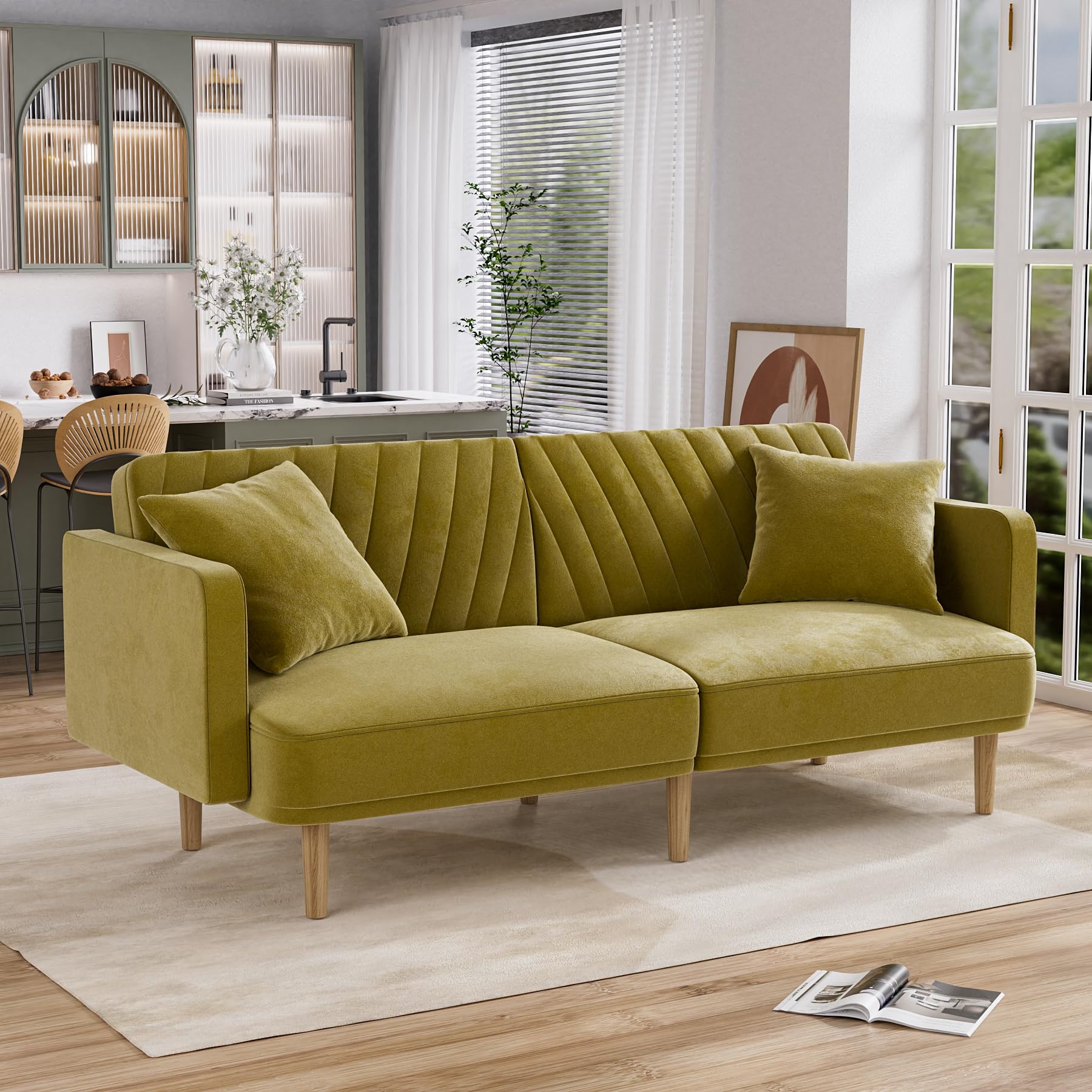 OUYESSIR Futon Sofa Bed, Convertible Sleeper Sofa with Wood Legs, 75.3β Splitback Sofa with 2 Pillows, Velvet Futon Couch for Living Room (Olive Green)