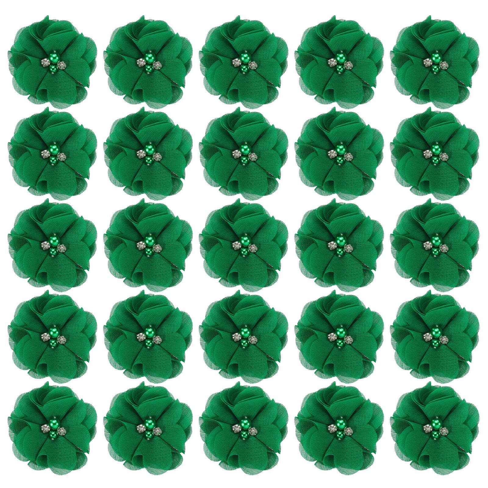 PATIKIL 2" Chiffon Flowers, 30Pcs Fabric Flowers Sewing Appliques Embellishments with Rhinestone Pearl for DIY Crafts Wedding Headbands Party Decoration, Green