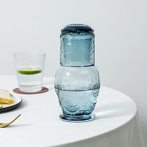 RockTrend Retro Crown Relief Clear Glass Bedside Night Water Carafe with Tumbler Glass, Pitcher And Cup Night Set