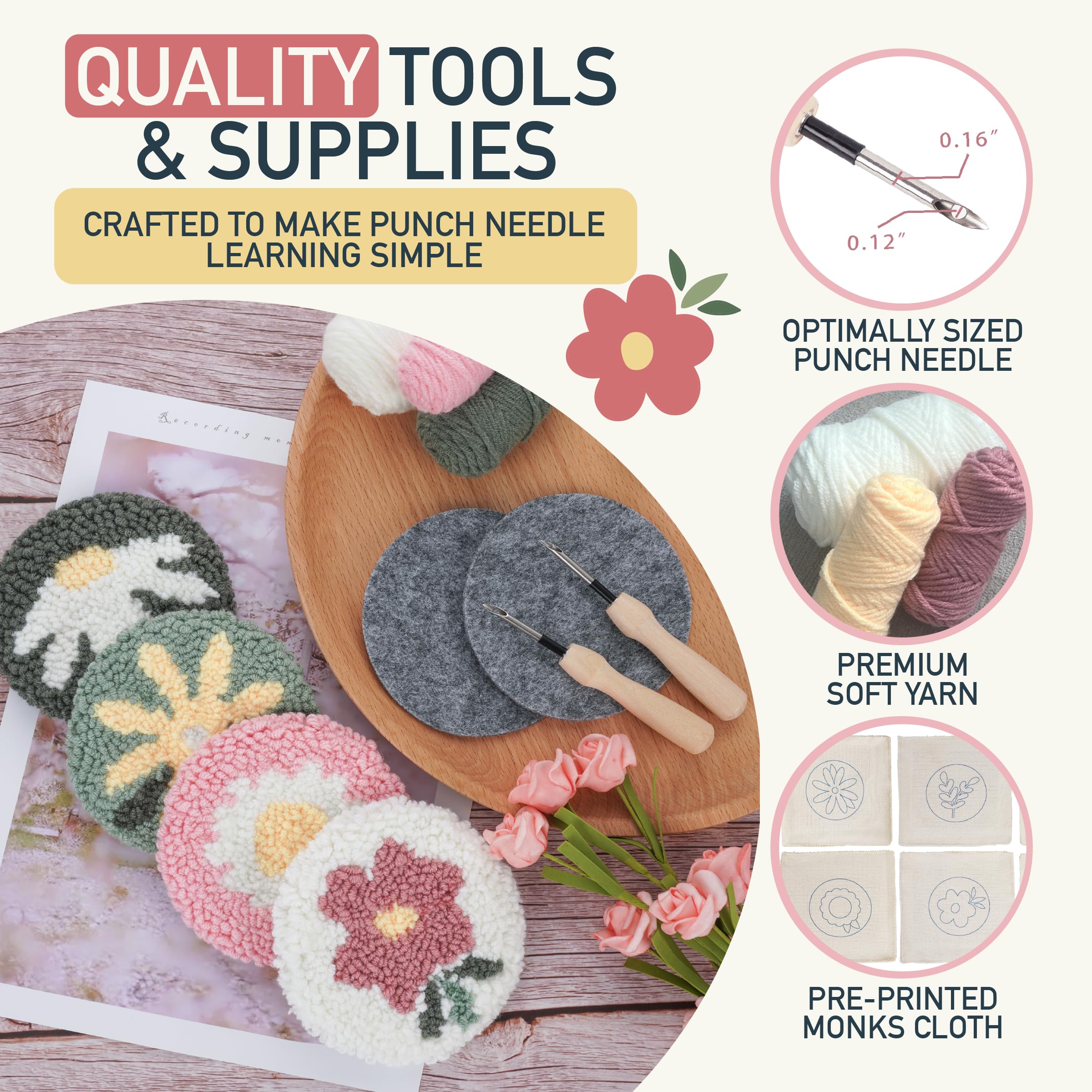 Punch Needle Kit β 6 Floral Design Punch Needle Embroidery Kit w/Monk Cloth, Embroidery Hoop, Yarn & More - Essential Punch Needle Supplies for Crafters - Ideal Punch Art for Beginners