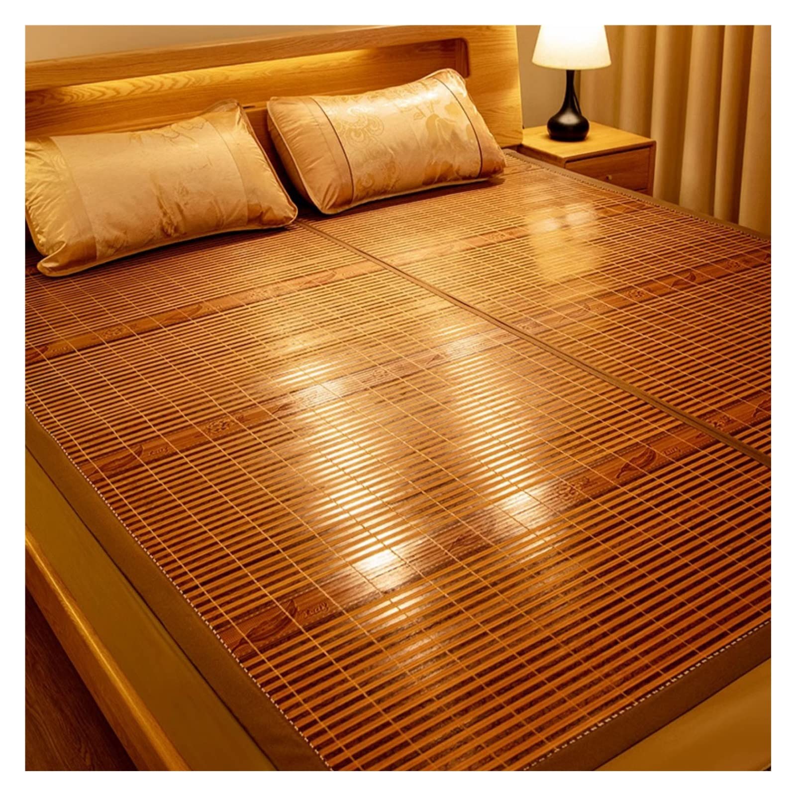 Summer Cooling Bamboo Sleeping Mat, Double-Sided Single/Twin/Queen Folding Mattress Topper Pad,Breathable Smooth Bed Sheet Air Conditioning Mat，Summer Bedding for Home School Dorm(with Pillowcase) (S