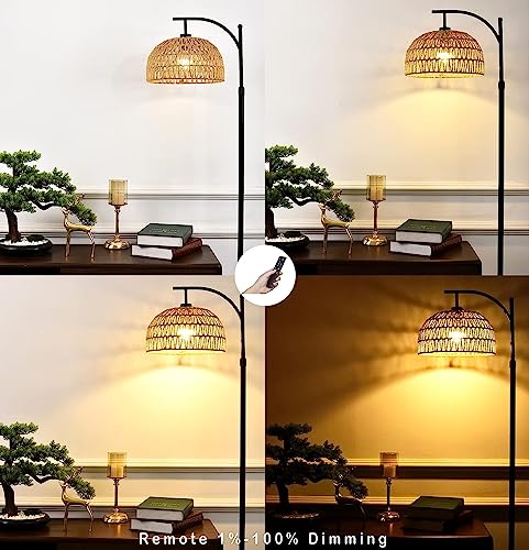 QIYIZM Floor Lamp for Living Room Bedroom Farmhouse Rattan Standing Lamp with Control,Wicker Black Industrial Dimmable Floor Light Rustic Adjustable Tall Lamp,Boho Bamboo Lamp Shade Floor Lamps