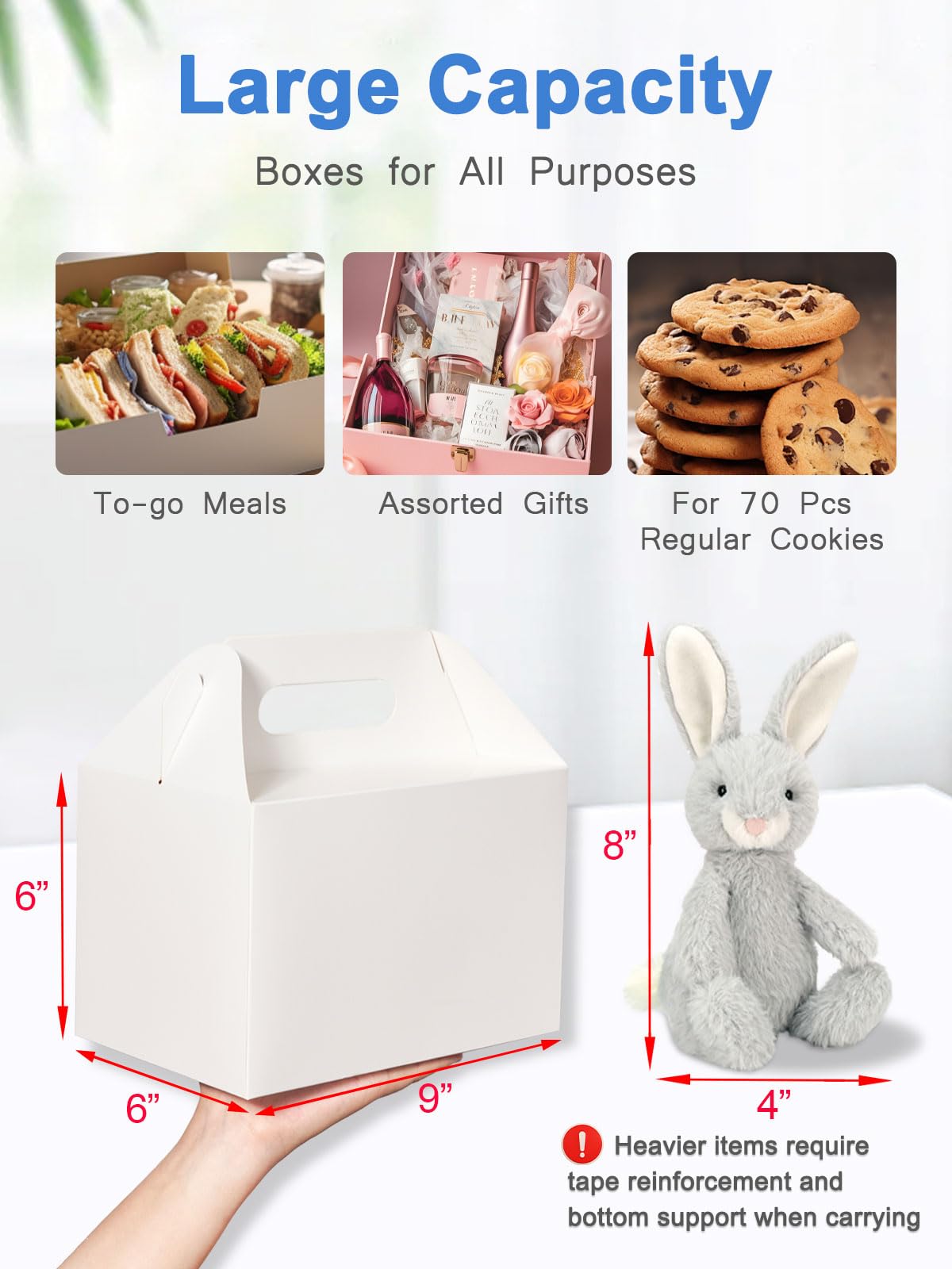 S9BAI15 Shallive 15 Pack Large Treat Boxes White - 9 x 6 x 6 inches Gable Gift Boxes with Handle Cardboard Lunch Boxes Recycled Paper Take Out Boxes Welcome Boxes For Wedding Baby Shower Birthday