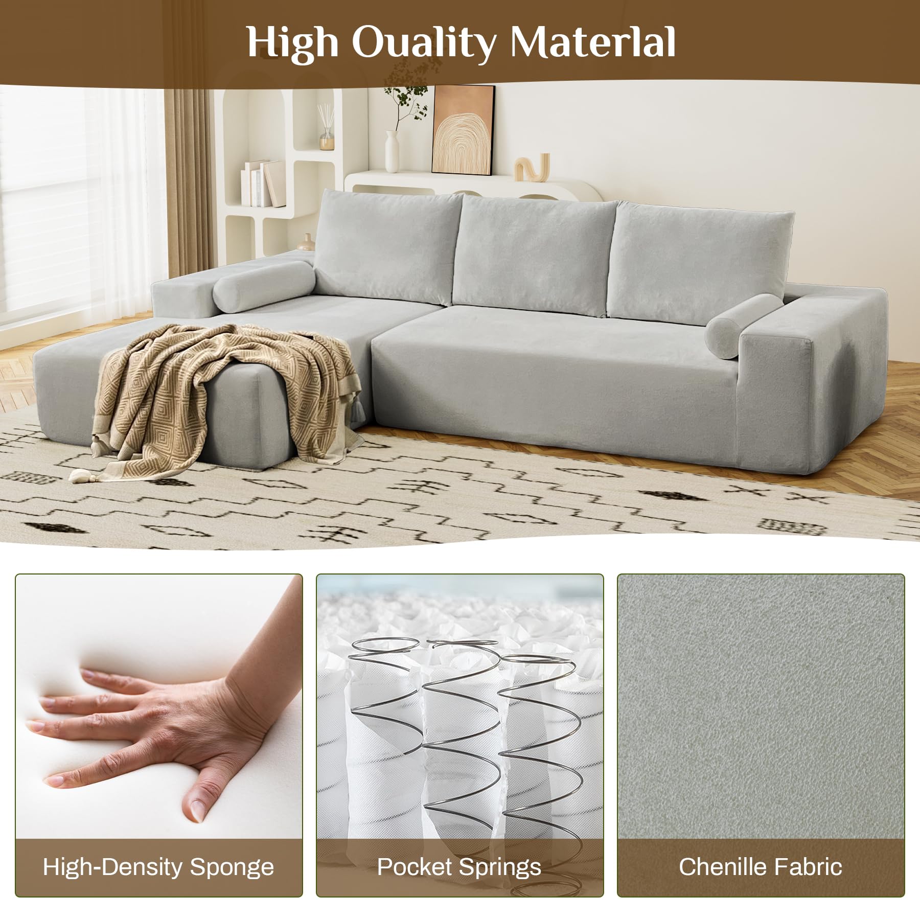 OUYESSIR L-Shape Modular Sectional Sofa Couch Set, 105" Modern Chenille Minimalist Couch, Upholstered Corner Cloud Sofa Sleeper for Living Room, Bedroom, 2 PC Free Combination, Grey
