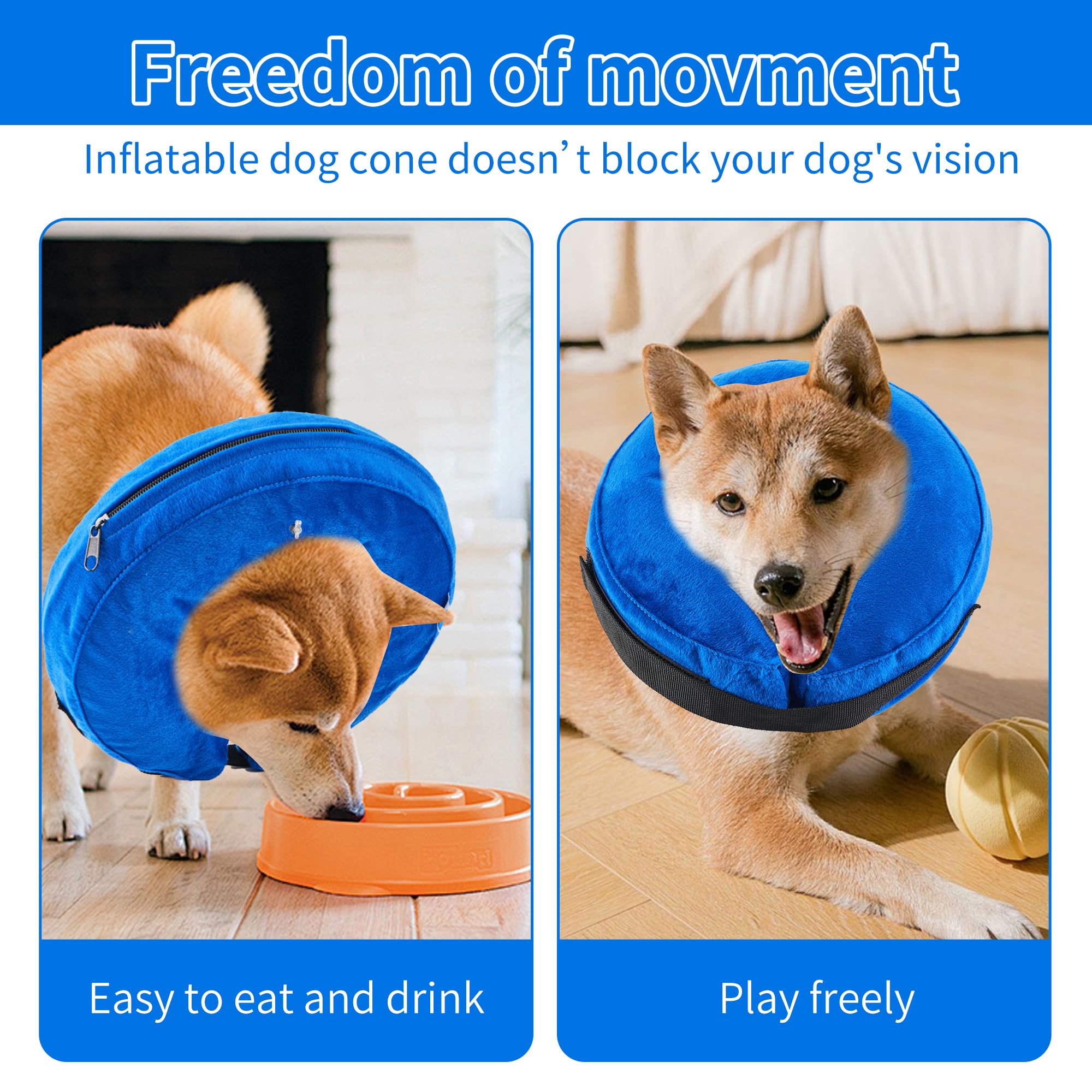Rinling Dog Cone Collar, Inflatable Dog Cone Soft Protective Dog Cone Collar After Surgery Alternative E Collar Cone for Dogs and Cats Blue M (9-14")