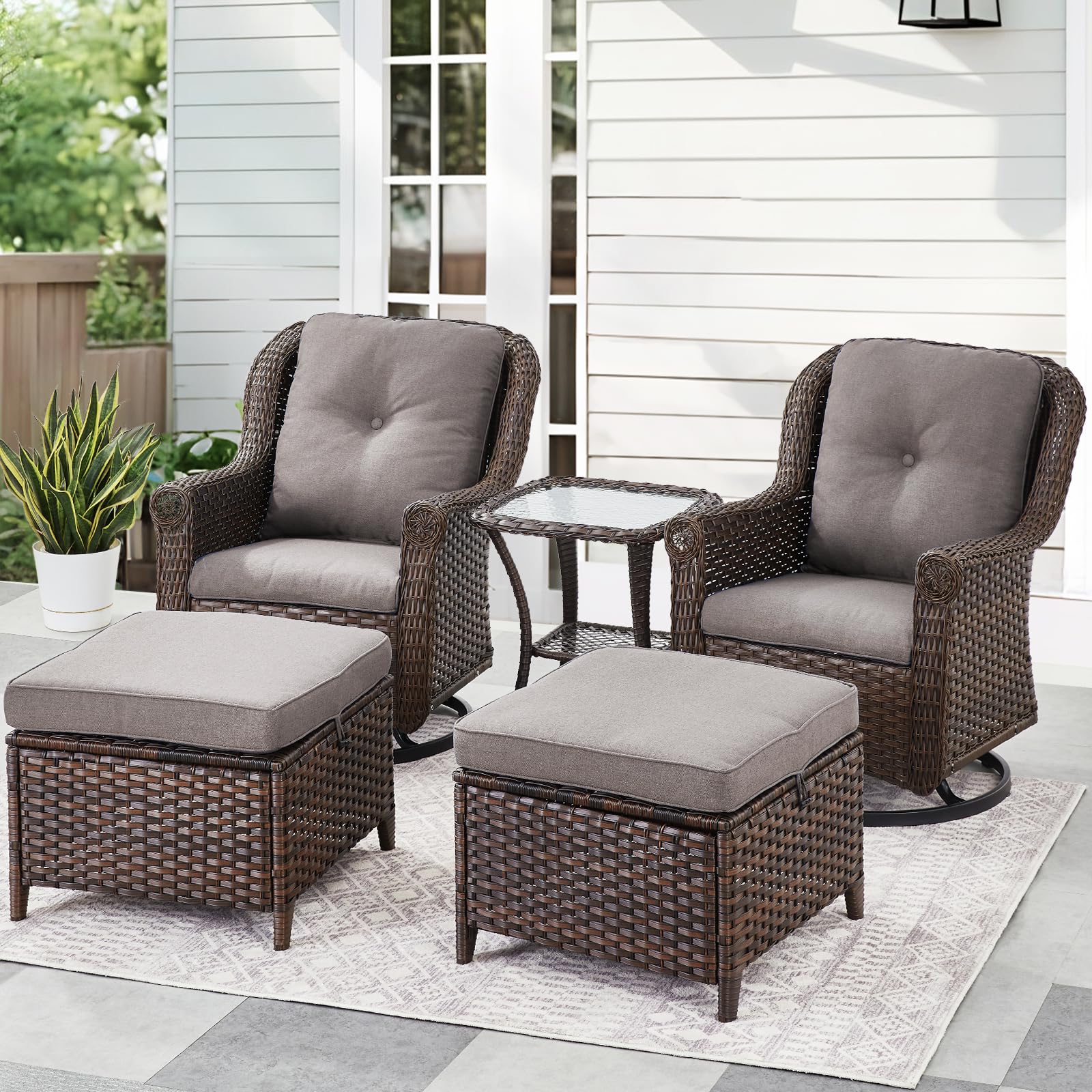 Outdoor Wicker Furniture Set for Patio - 5 Piece Outside Rattan Conversation Bistro Dining Chair Sets with Rocking Swivel Chairs, Ottomans and Side Table for Porch Yard Balcony β Brown/Grey