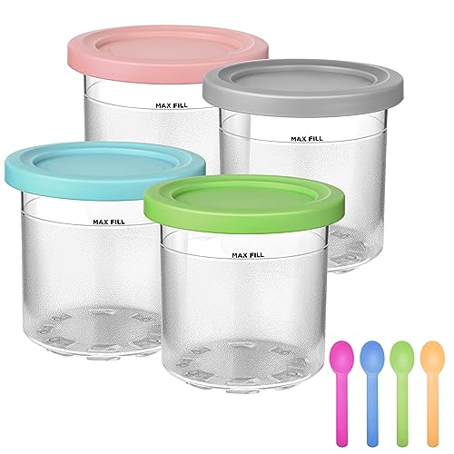 Yammoe Containers Replacement for Ninja Creami Pints and Lids - 4 Pack, 16oz Cup Compatible with NC301 NC300 NC299AMZ Series Ice Cream Maker, BPA Free Dishwasher Safe Leak Proof(with 4Spoon)