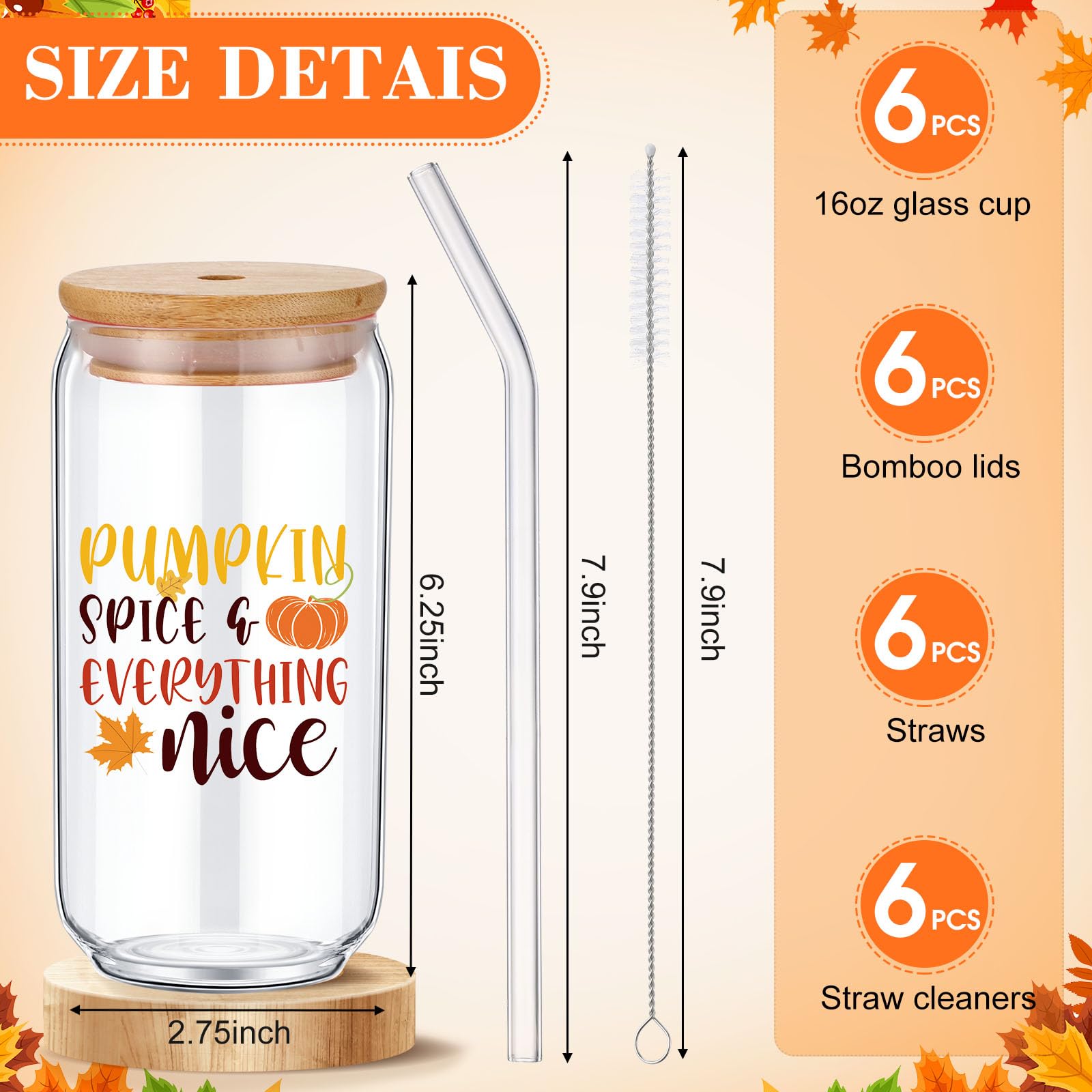 Suttmin 6 Pcs Fall Glass Coffee Cups with Lids and Straw 16 oz Thanksgiving Maple Beer Glass Cup Pumpkins Can Fall Iced Drinking Cup Fall Decor for Thanksgiving Gift Autumn