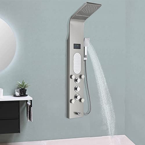 LED Shower Panel Tower System Wall-Mounted Complete Shower Column with Rain Massage Full Body shower Jets Tub Spout Handheld Shower, Brushed Nickelā¦