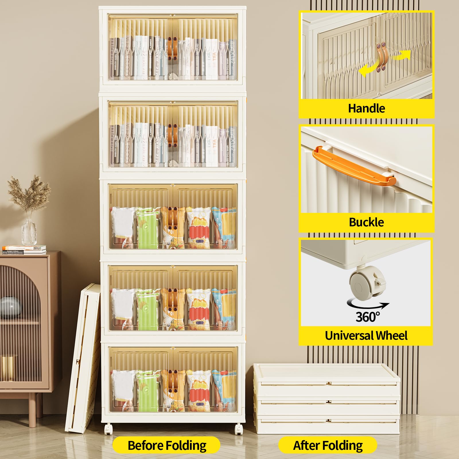 pupustar Storage Bins with Lids and Doors, Plastic Stackable Storage Bins Open Front, Foldable Storage Boxes for Organizing, Folding Storage Bins with Wheels, Opening Storage Boxes Set