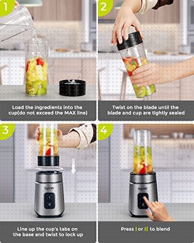 Syvio Blender for Shakes and Smoothies, 600W Personal Blender, Smoothie Blender with 2 BPA-Free 20 Oz Sport Cup, 2 Party Mugs, 1 * 10 Oz short cup,Easy to Clean