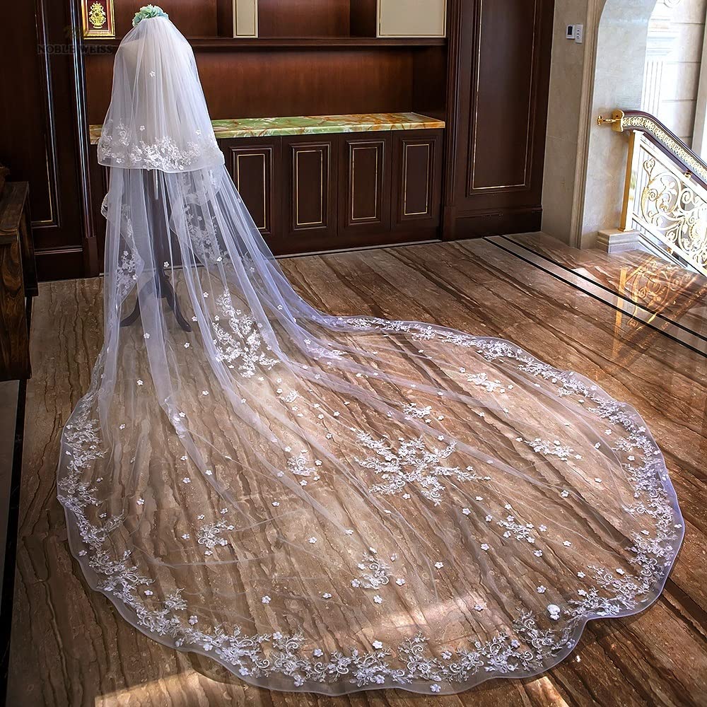 LUKEO Long Wedding Veils with Comb Two Layers Appliques Bride Veil Lace Edge Tulle Accessories