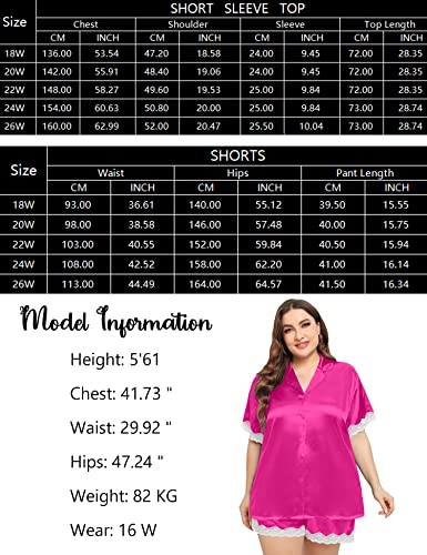 SWOMOG Plus Size Satin Pajama Set for Women Silk Satin Pj Set Short Sleeve Button Down Loungewear 2 Pcs Soft Lace Trim Nightwear Rose Red