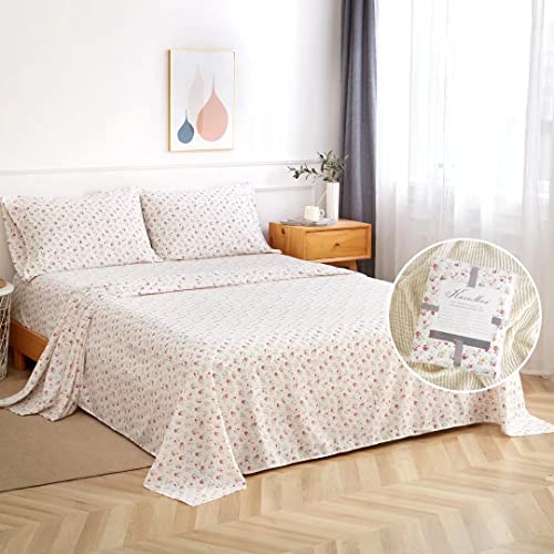 Queen Bed Sheet Set 4PC Printed Cute Red Flower Sheet Pattern Cooling Brushed Microfiber 17" Deep Pocket Floral Sheets Set Luxury, Soft, Breathable, Hypoallergenic, Wrinkle Free Double Bedding