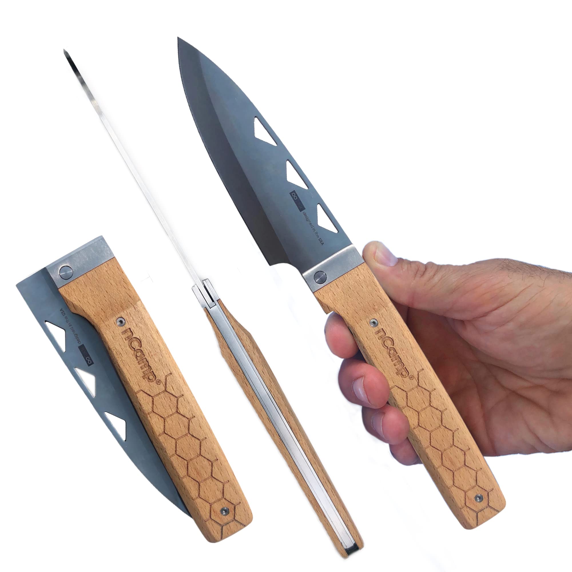 nCamp Food Prep Folding Knife - Premium Chef Knife, Classic Western Utility, Outdoor Cooking Knife with 9CR18MOV Steel Blade, wood handle for a comfortable secure grip