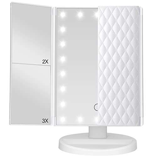 TiKenSo Trifold Vanity Mirror with Lights,Tabletop Mount Makeup Mirror with Lights and 1x/2x/3x Magnification 21LED Mirror Touch Screen Two Power Supply Modes Make Up Mirror