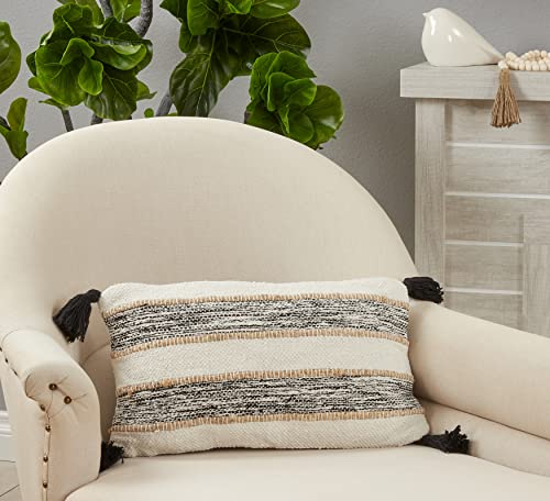 SARO LIFESTYLE Striped Tassel Corners Throw Pillow with Poly Filling, Black/White, 12"x20"