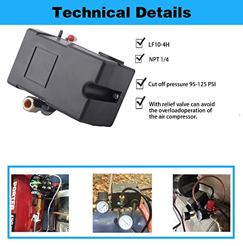 LF10-4H Pressure Switch, 4 Port Air Compressor Pressure Switch Replacement Control NPT1/4 95-125 PSI 20A
