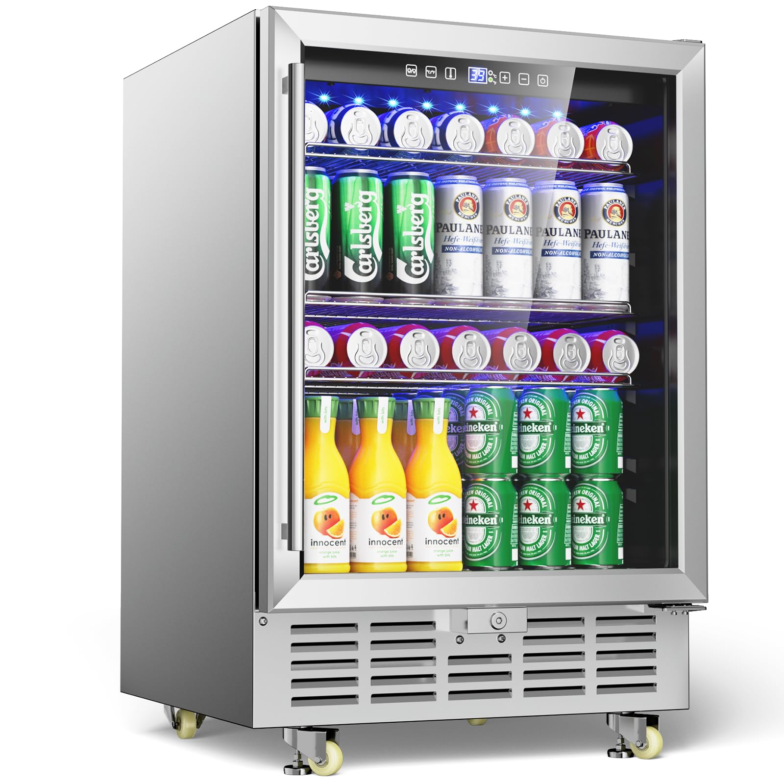 Outdoor Refrigerator, Stainless Outdoor Fridge for Outdoor Kitchen and Patio, Built-in/Freestanding 24 Inch Undercounter Refrigerators with Wheels, 190 Cans Outdoor Beverage Refrigerator Lockable