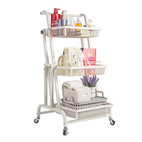 UPGLOW 3-Tier Metal Rolling Utility Cart, Adjustable Kitchen Storage Cart with Removable Mesh Baskets, Storage Trolley with Handle and Lockable Wheels for Kitchen, Bathroom, Office, Coffee Bar