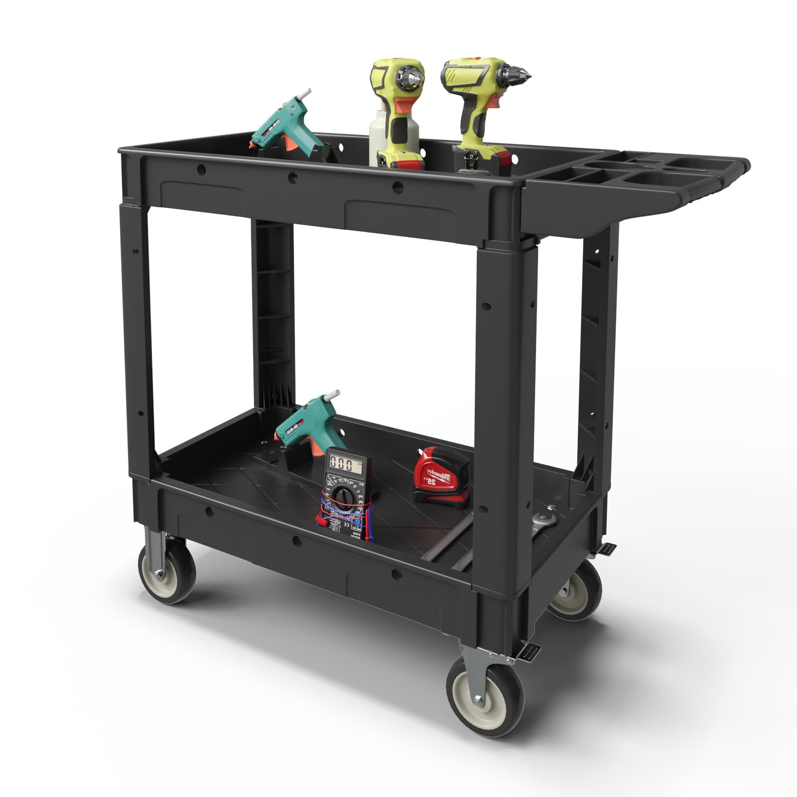 Plastic Tool Cart on Wheels, 2-Shelf Utility Service Cart (40" x 17"), 550lbs Heavy Duty Rolling Work Cart with 360Β° Swivel Wheels and Ergonomic Handle for Garage Warehouse Workshop, Black
