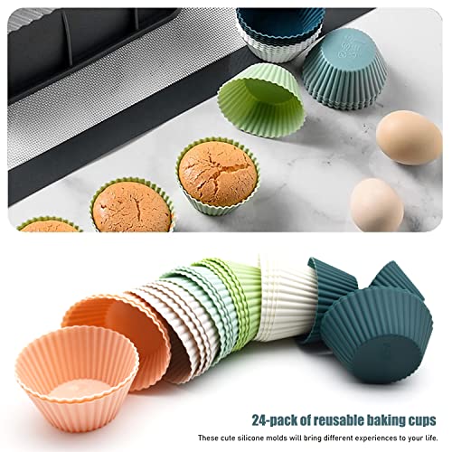 Reusable Silicone Cupcake Baking Cups 24 Pack, 2.75 inch Silicone Baking Cups, Non-stick Muffin Cupcake Liners for Party Halloween Christmas, Easy Clean Pastry Muffin Molds(Multicolor)