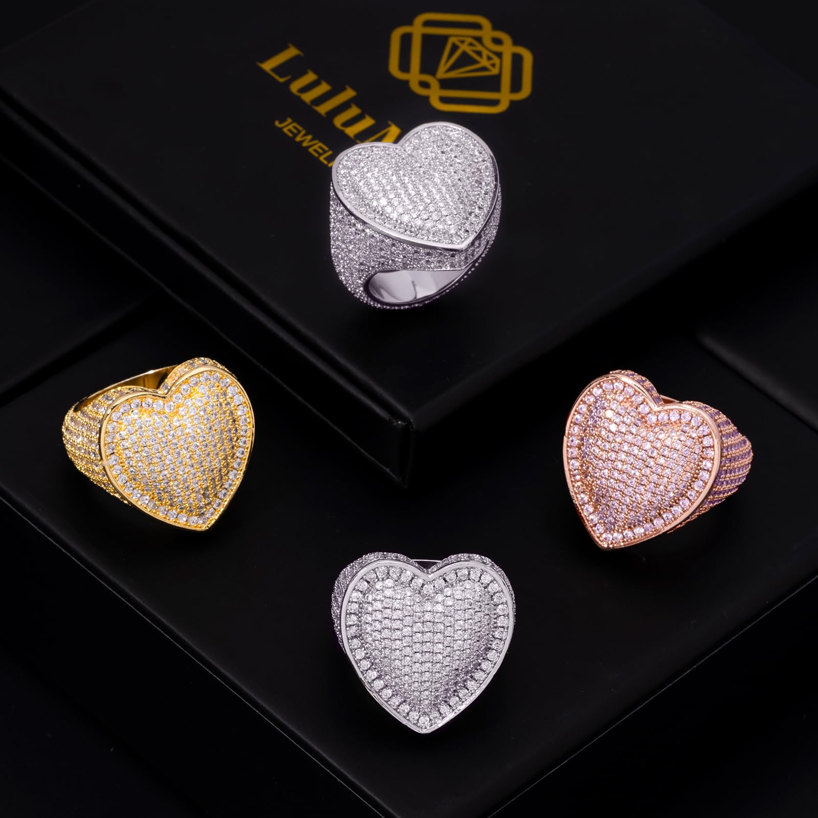 Lulu Mel Iced out Jewelry heart shape party ring,14k gold plating CZ micro setting shiny INS style bling rose gold big size heart ring for men women (Gold, 8)