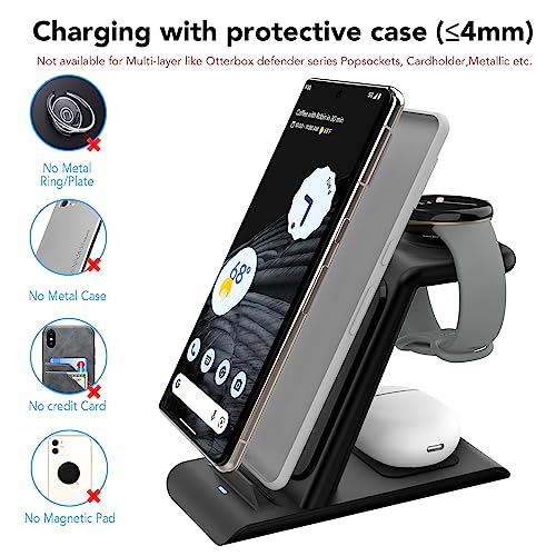 Upgraded 3 in 1 Wireless Charger for Google Pixel Watch, Pixel Fold/7a/7/7 Pro/6/6 Pro/5/4, Pixel Buds Pro, Wireless Charging Station for Multiple Devices iPhone 14/13, Airpods 3/2/1/Pro (Dark Black)