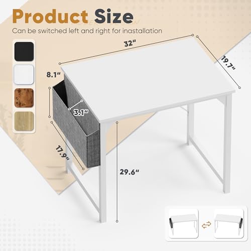 Shahoo Computer Desk 32 Inch Small Office Writing Work Study Kids Student Bedroom Wood Modern Simple Table with Storage Bag & Headphone Hooks, White
