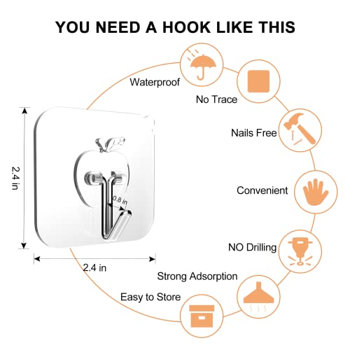 NileHome Adhesive Hooks for Hanging 12 Packs Heavy Duty Wall Hooks Reusable Removable Waterproof Bathroom Hooks Transparent Sticky Hooks for Kitchen Glass Door