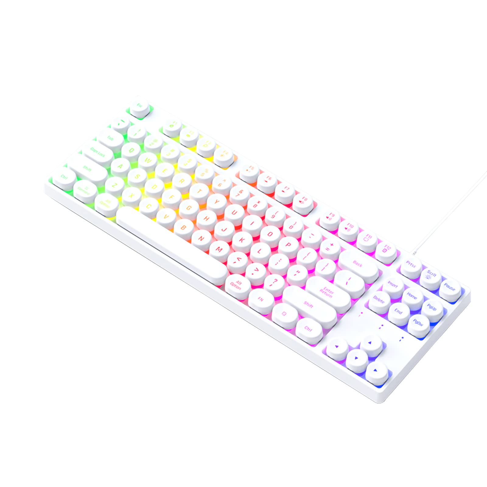 MYKYLIN Cheap Gaming Keyboard Rainbow LED Backlit Typewriter Round Keycap 87-Key Compact Portable Anti-Ghosting Quiet Silent Mechanical Feeling Waterproof Light Up Wired USB for PC/Mac/Laptop, White