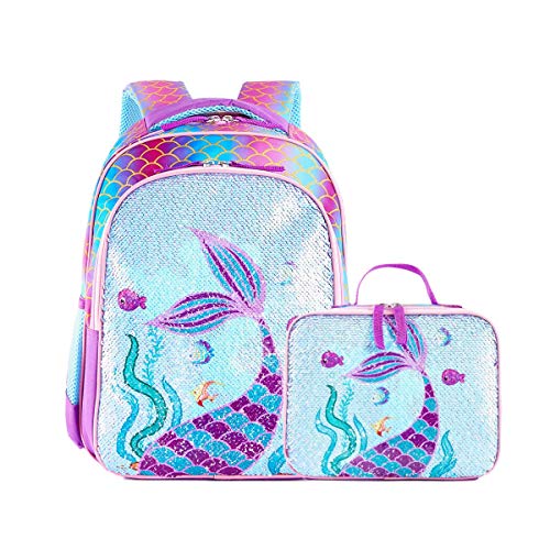 THE Crafts Reversible Sequin School Backpack Lightweight Little Kid Book Bag with Lunch Bag Set for Preschool Kindergarten Elementary (17", Mermaid with Lunch Bag)