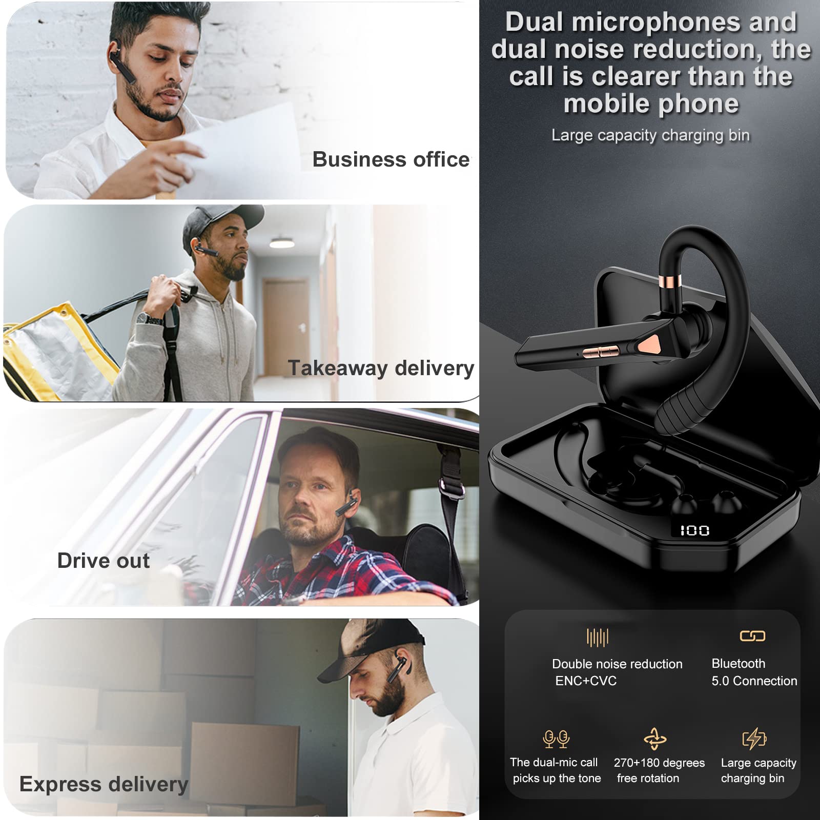 MUSERAY K3 Bluetooth Headset V5.1, [Upgraded] Single-Ear Bluetooth Earpiece 108 Hrs Playtime with Charging Case, Ear Earphones with Noise Canceling Dual-Mic, for Business,Office and Driving,