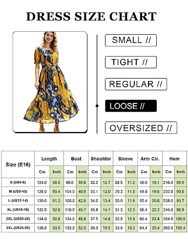 YESNO Women's 2023 Summer Casual Square Neck Floral Dress Ruffle Puff Short Sleeve Belted Maxi Dress with Pockets L E16 CR355