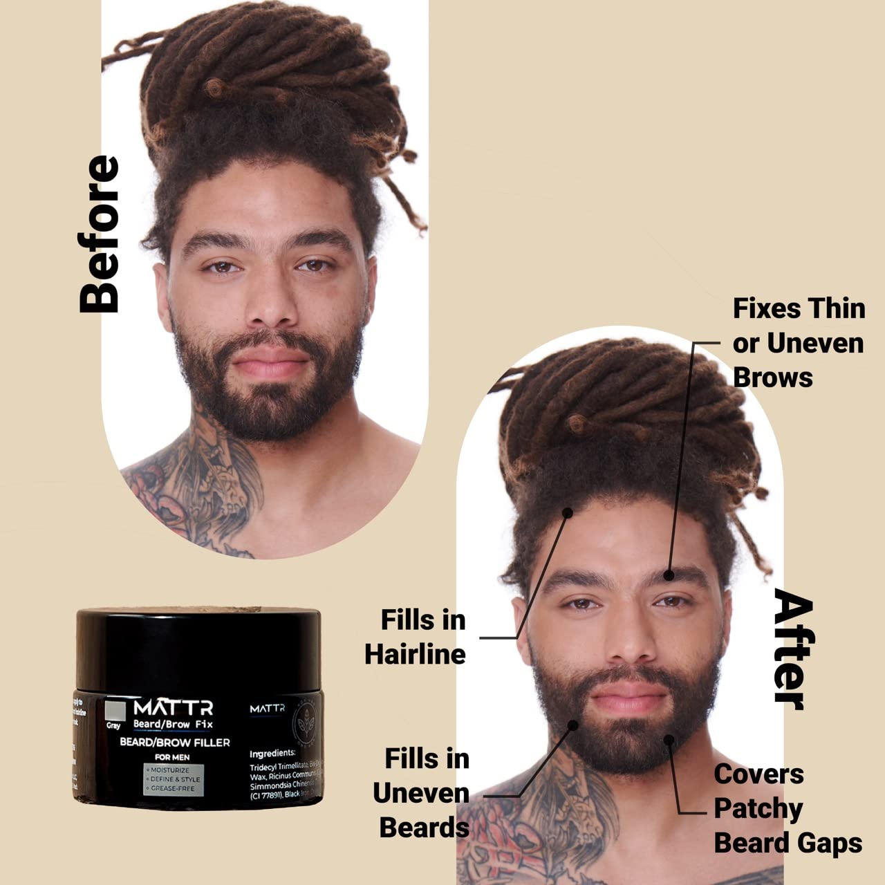 MATTR Beard/Brow Fix - Cosmetic Solutions for Men - Hair Filler and Growth Promoting Dye for Patchy Beards, Grey Hair Coverage, Hairlines & Eyebrows - Vegan Makeup - Travel-Size Jar - 15g (Blonde)