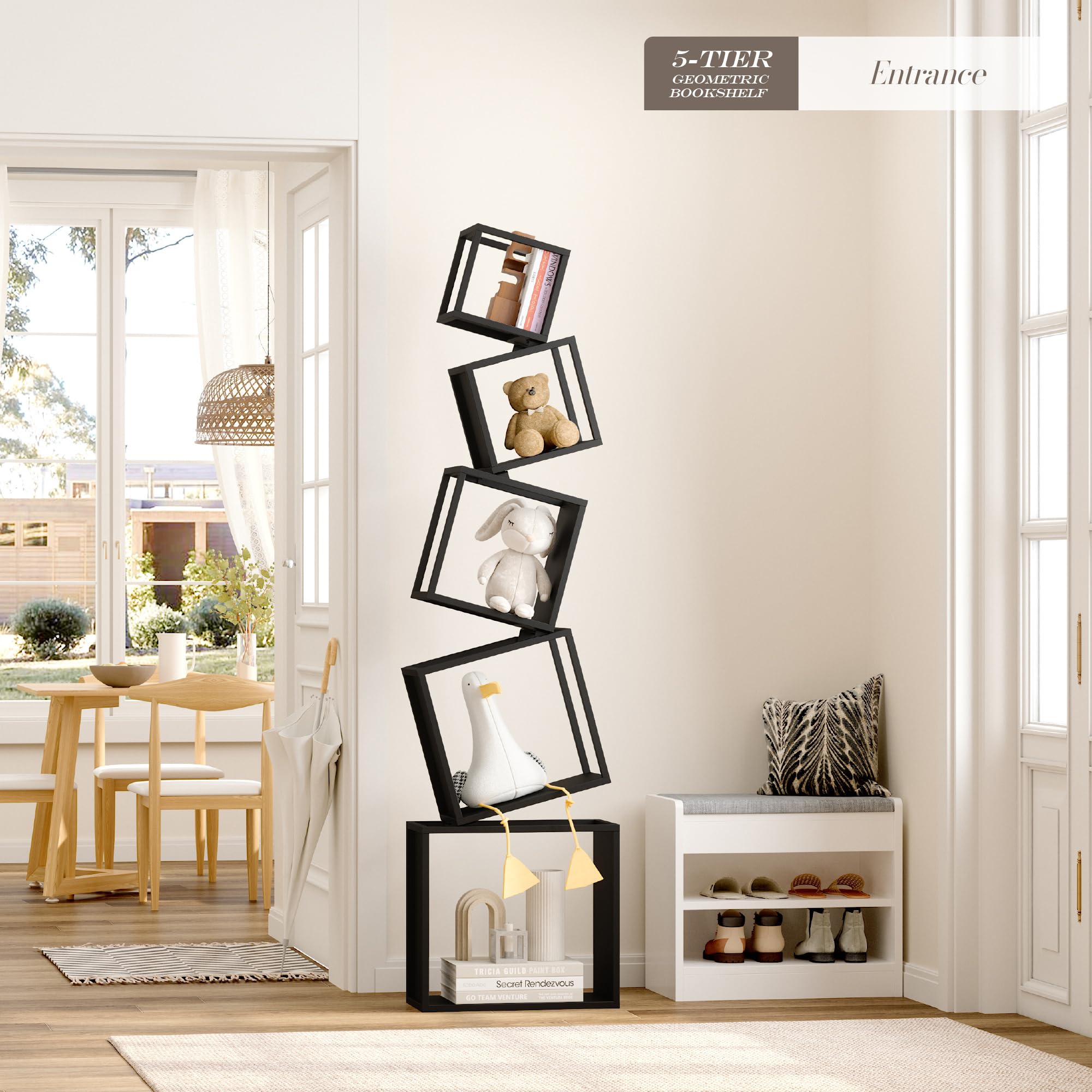 Sttoraboks Bookshelf, 5-Tier Geometric Bookcase, 70.6" Tall Black Book Organizer, Industrial Bookshelf, Book Case, Corner Book Shelf, Display Shelf, Storage Shelves for CDs/Books/Home Décor
