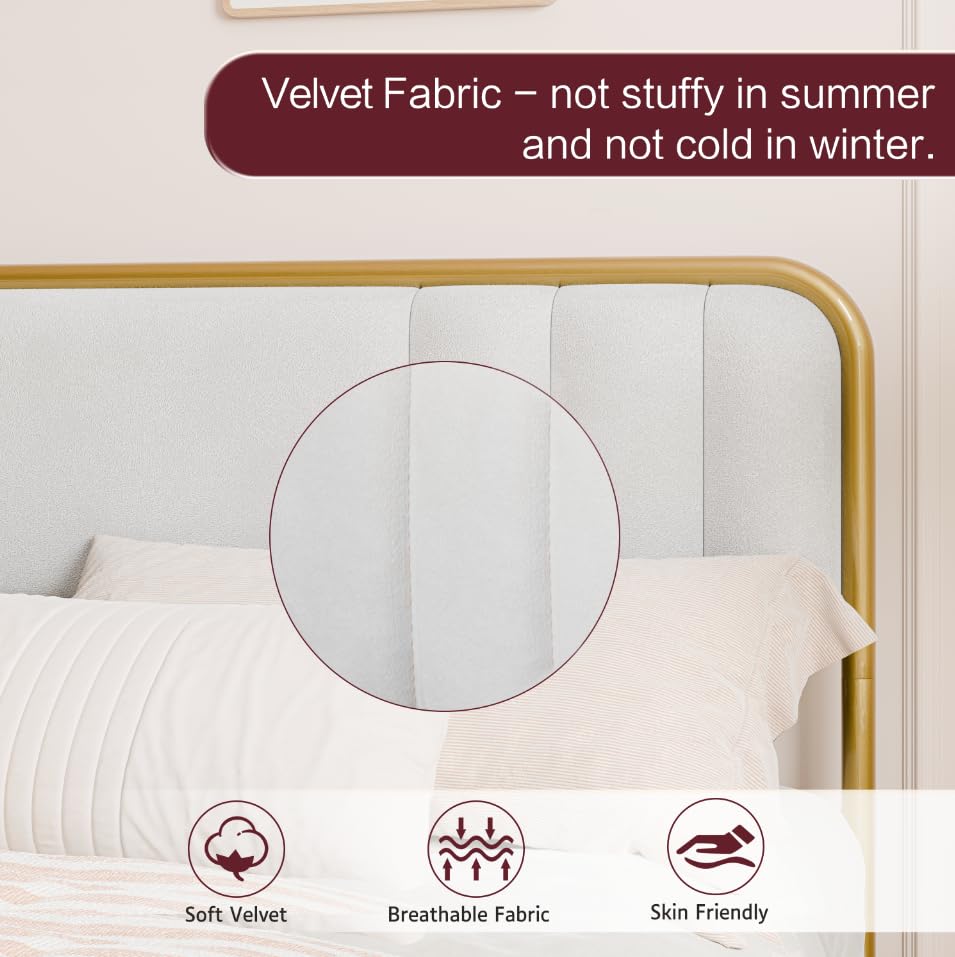 SUNLEI Gold Queen Size Bed Frame with Velvet Fabric Headboard, Metal Platform Bed with 12" Storage Space, Solid Metal Slats Support, No Box Spring Needed, Easy Assembly, Modern White Velvet