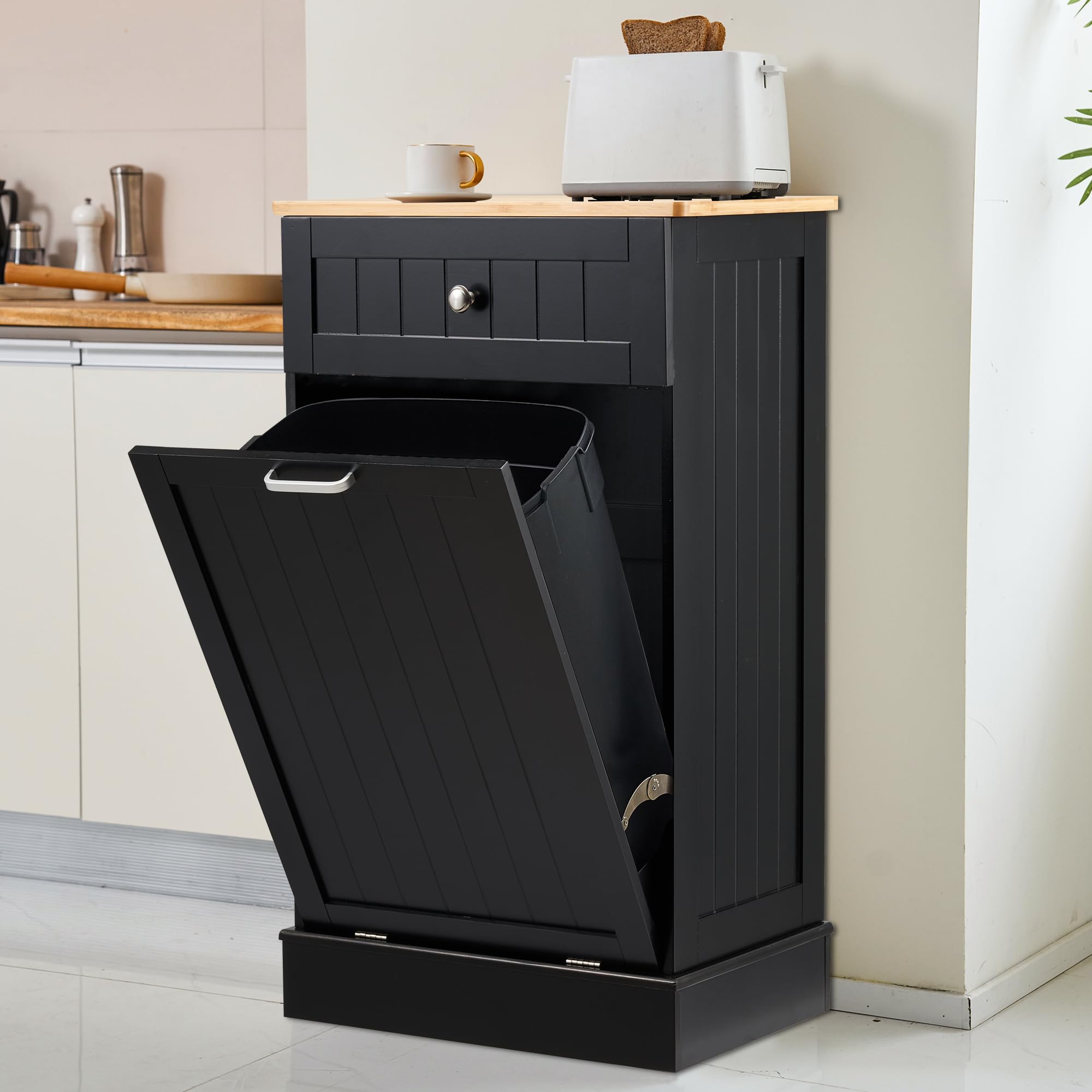 OUTGUAVA 13 Gallon Tilt Out Trash Cabinet Kitchen Waste Bins,50 Quart Laundry Hamper Tilt Out Pet Proof Hidden Trash Bin for Kitchen Living Room,Black