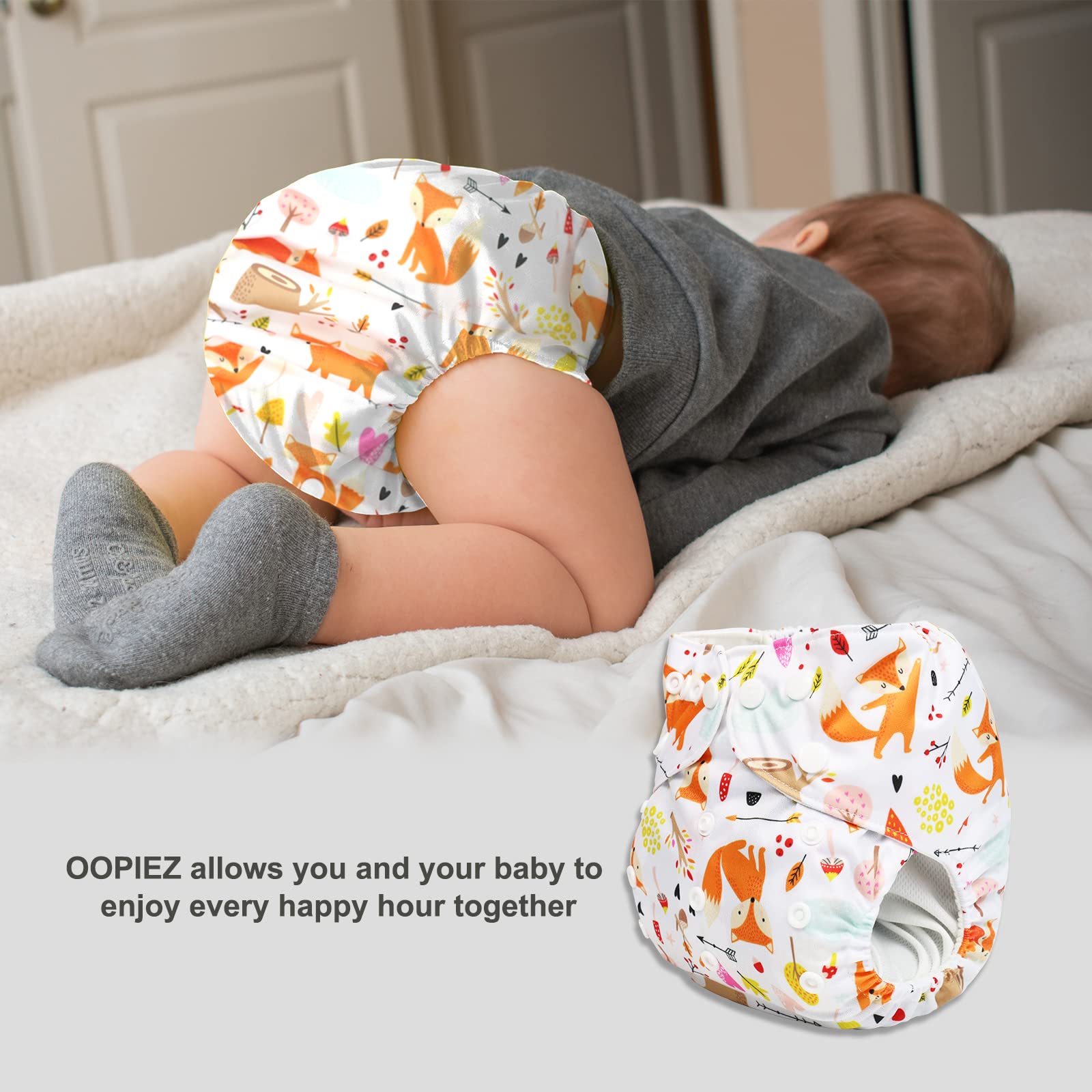 OOPIEZ Reusable Cloth Pocket Diapers for Babies Toddlers One Size Adjustable Washable Newborn Cloth Diaper Covers 6 Pack with 12 Microfiber Inserts for Baby Boy and Girl