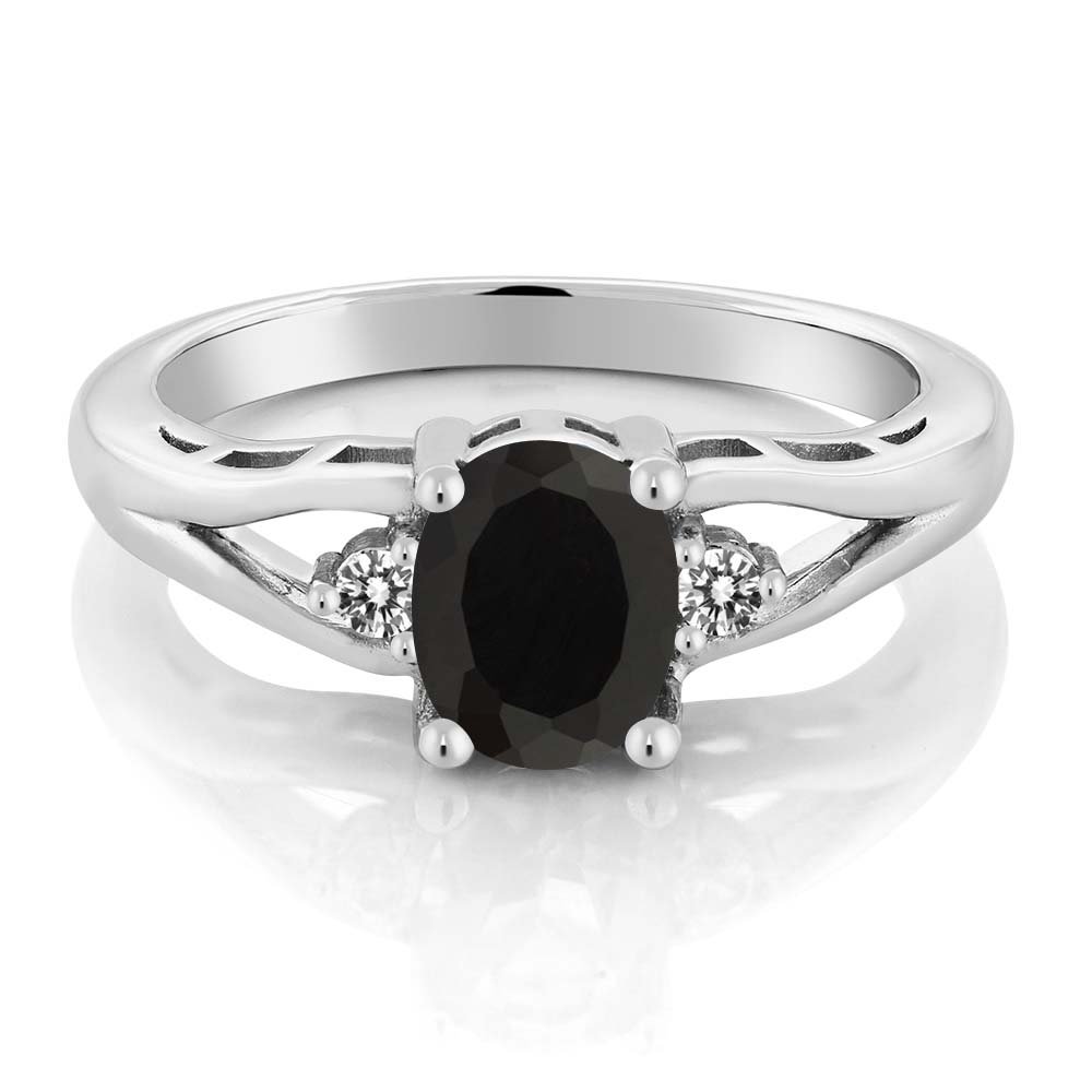 Gem Stone King 925 Sterling Silver Black Onyx and White Diamond 3 Stone Engagement Ring For Women | 1.32 Cttw | Oval 8X6MM | Round 2MM | Gemstone December Birthstone | Size 7