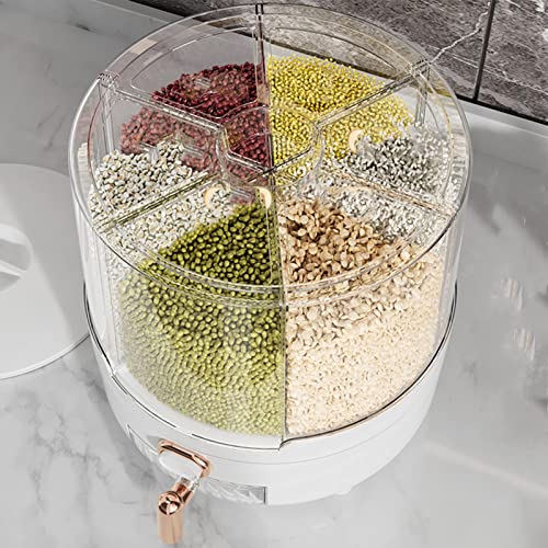 Rice Dispenser, Rotating Dry Food Dispenser PP Plastic Kitchen Grain Storage Container with 6 Compartments Holder for Rice and Beans (White)
