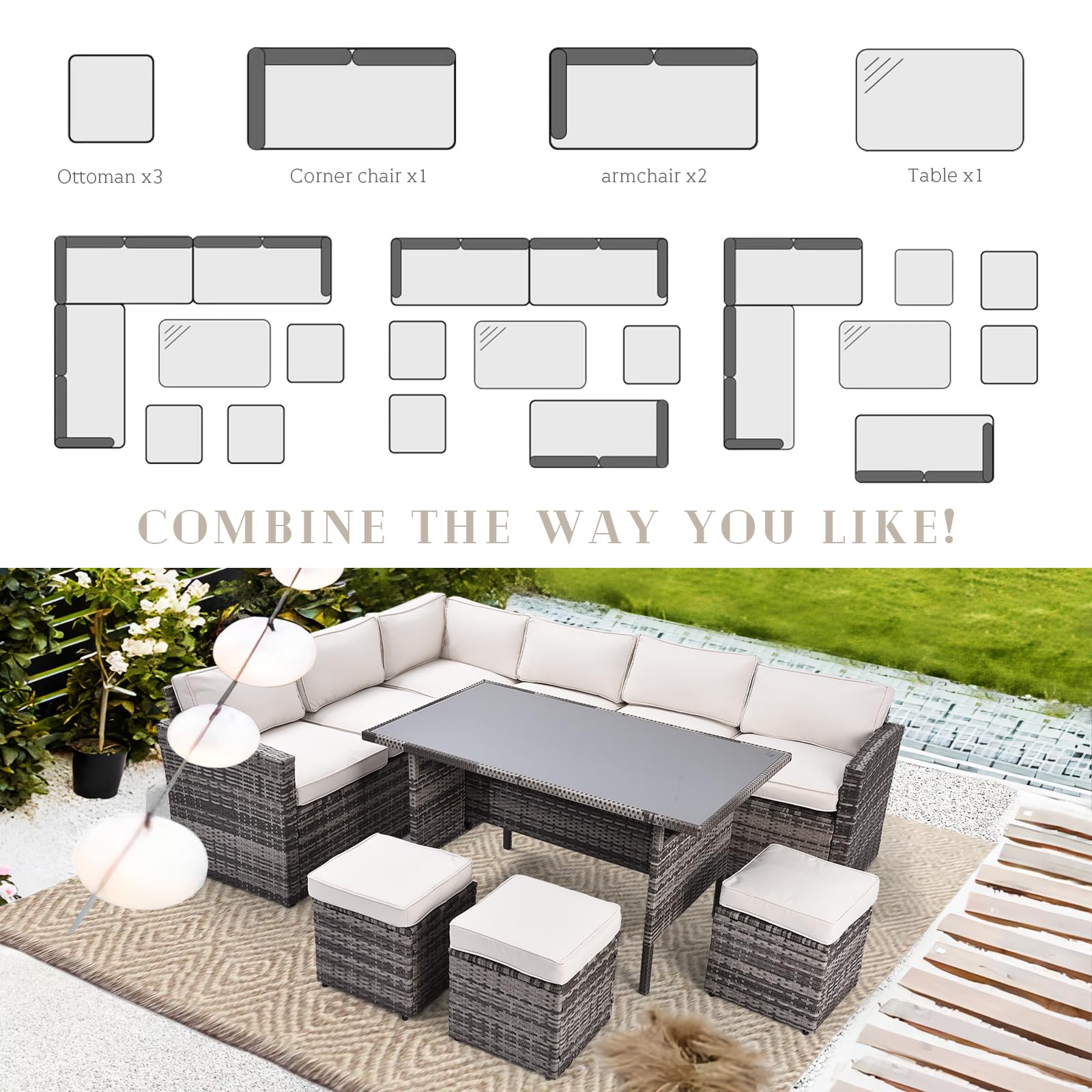 SoarFlash 7 Pieces Wicker Conversation Set Outdoor Patio Furniture Sofa Set, All-Weather Rattan Sectional Sofa with Ottoman, Cushion, Dining Table for Garden, Backyard,Poolside, Beige
