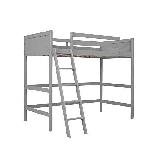 ODC Twin Loft Bed with Angle Ladder, Solid Wood Loft Bed with Safety Guardrail for Teenagers and Adults, High Loft Bed with Wooden Slats Support, No Box Spring Needed