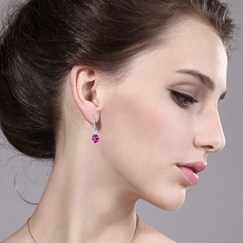 Gem Stone King 925 Sterling Silver Pink Created Sapphire and White Zirconia Dangle Earrings For Women (6.50 Cttw, Gemstone September Birthstone, Oval 10X8MM, Trillion 5MM)