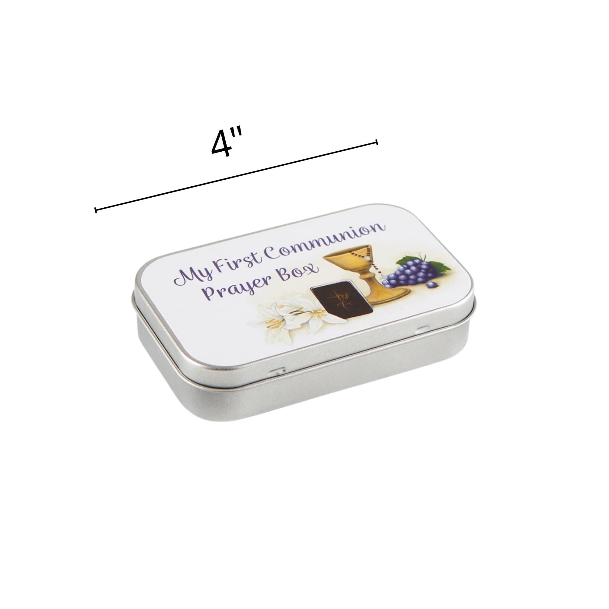 Needzo First Communion Keepsake Box with Prayer Cards, Note Paper, Pencil and Collectible Tin Holder, Inspirational Religious Gift Set for Boys and Girls, 4 inches white