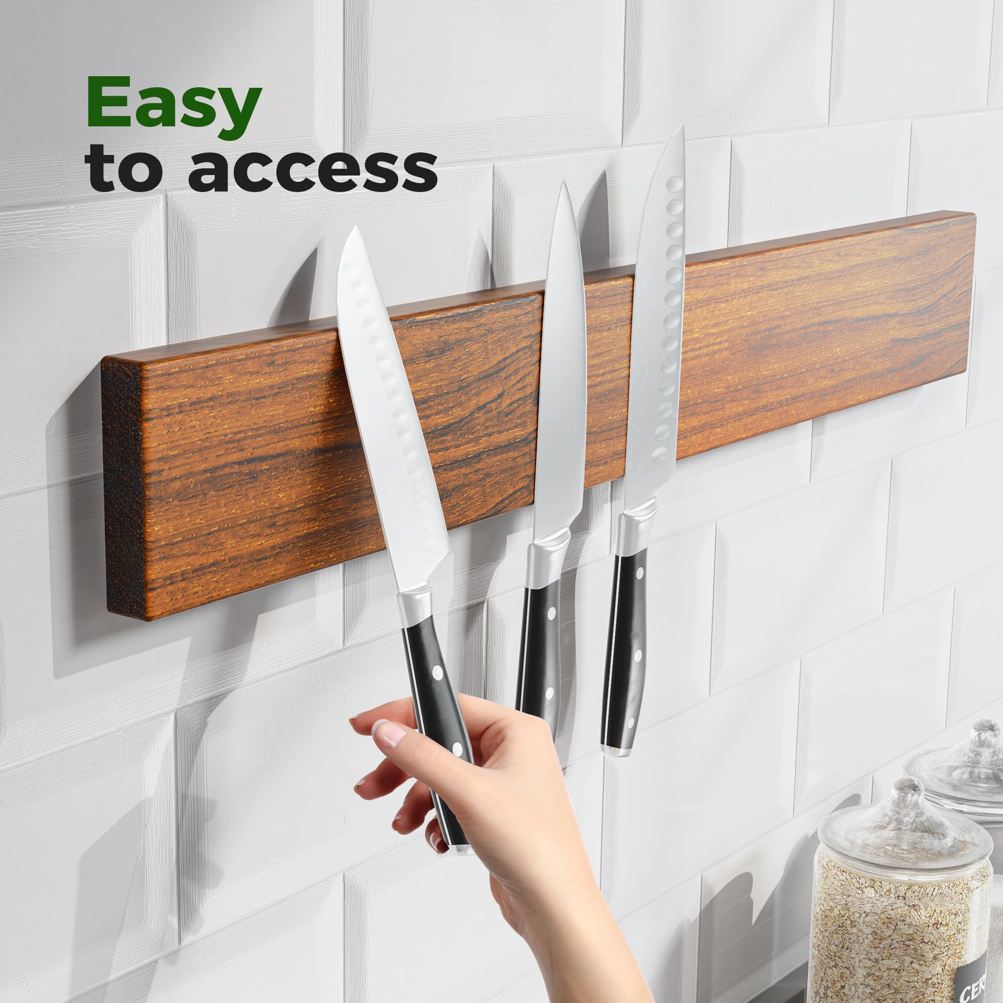 Utoplike Teak Magnetic Knife Strip, Magnet Knife Holder 15" Wall Mounted with Strong Continuous Magnet, No Drilling Required, Organizes Knives, Keys, Utensils for Kitchen