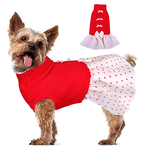 SAWMONG Dog Sweater Dress, Turtleneck Dog Sweater with Cute Bowknot, Doggie Knitwear Pullover with Leash Hole, Puppy Princess Dress Winter Clothes for Female Girl Doggy and Cats, Large