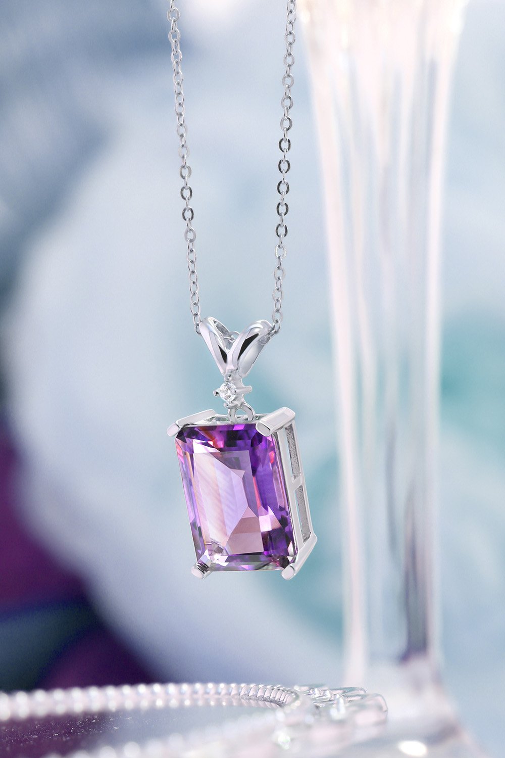 Gem Stone King 925 Sterling Silver Purple Amethyst and White Diamond Pendant Necklace For Women (6.27 Cttw, Gemstone Birthstone, Emerald Cut 14X10MM, With 18 Inch Silver Chain)